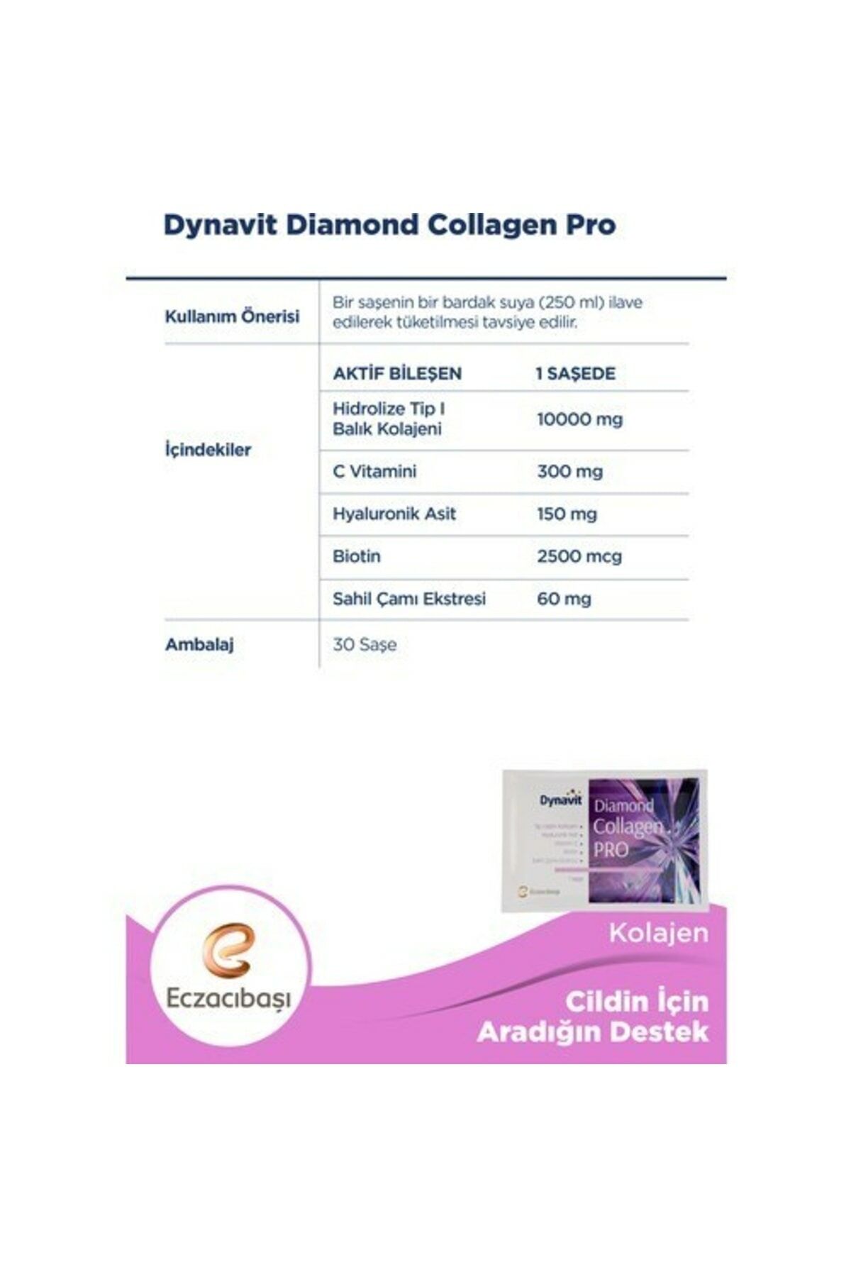 Dynavit Diamond Collagen Pro Çilek Aromalı Hidrolize Balık Kolajeni 30 Saşe